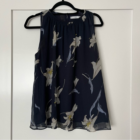 Mango | Tops | Mango Floral Sheer Overlay Navy Blouse | Poshmark